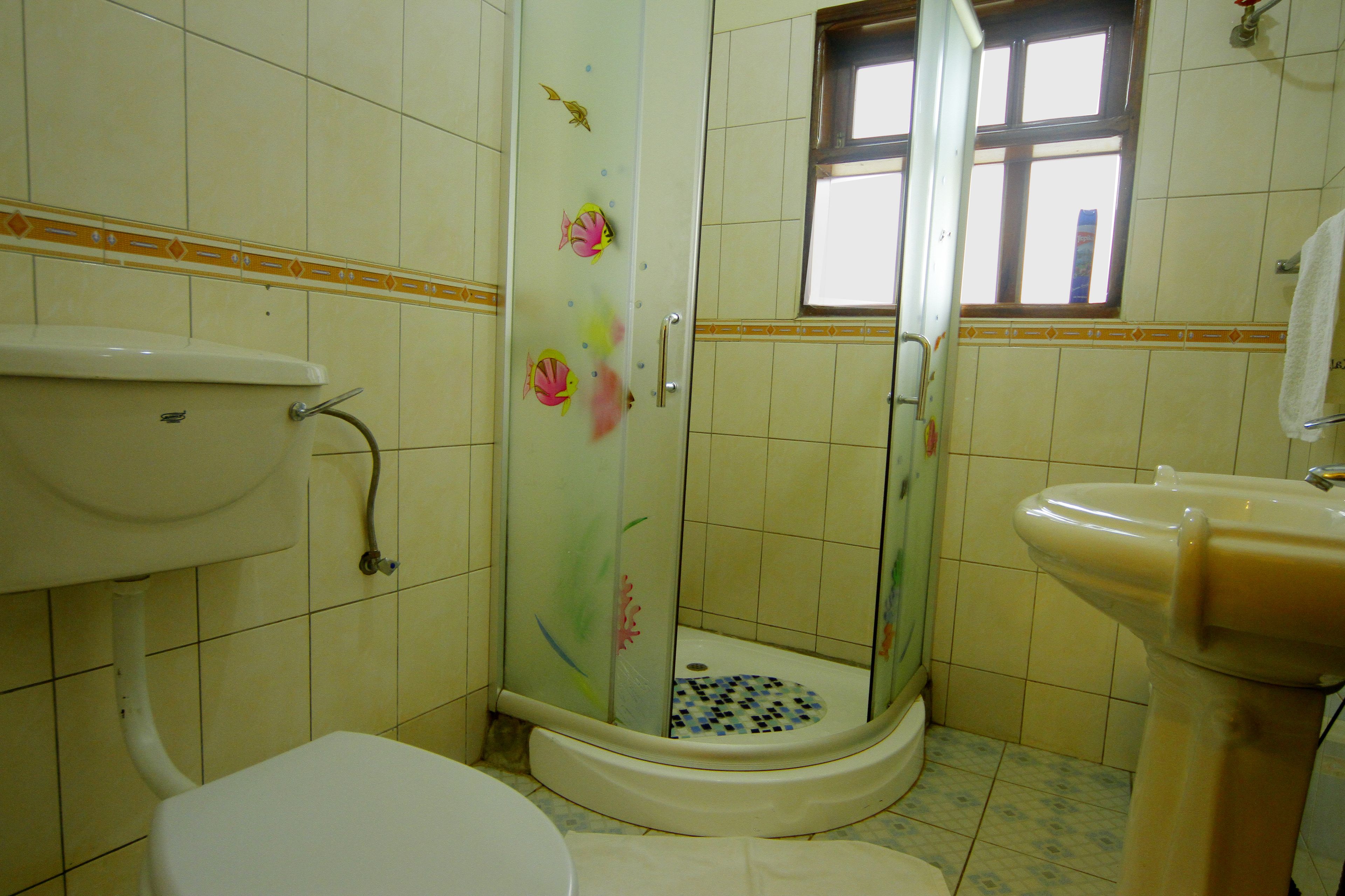 Casa de banho com sanita, lavatório e chuveiro.