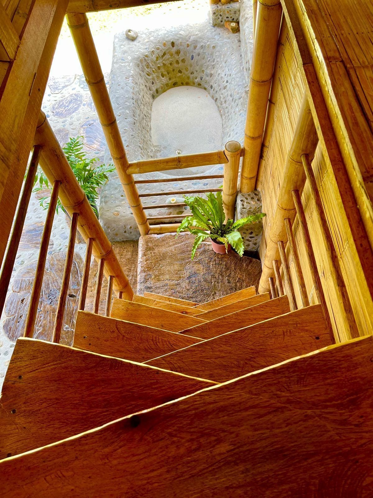 Uma escadaria de madeira com uma parede de pedra e uma pequena planta em vaso no topo.
