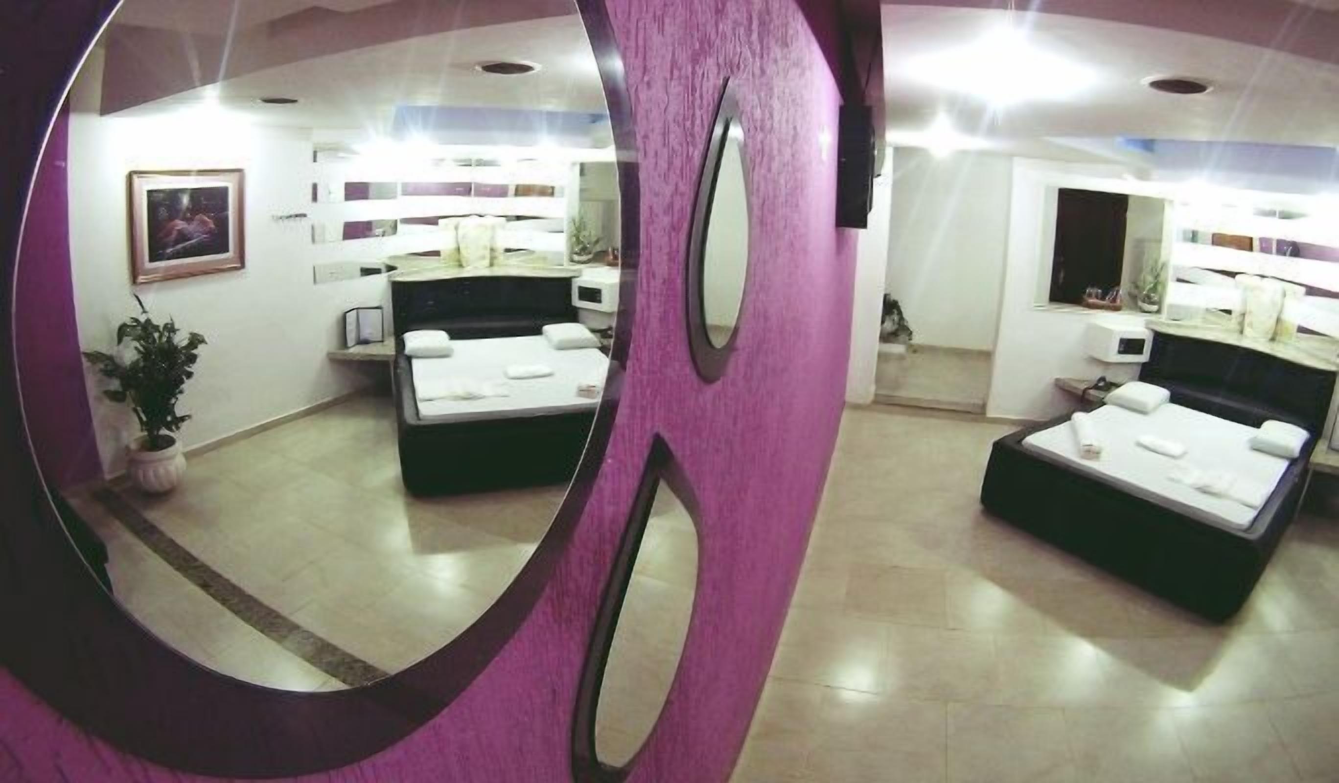 Quarto de hotel com duas camas, um espelho grande e um vaso de planta.