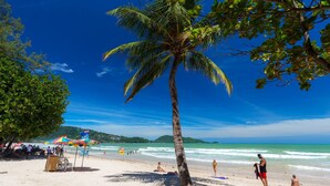Uma praia com palmeiras, céu claro e pessoas relaxando.