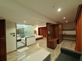 Suíte premium, 1 cama King | 1 quarto, roupas de cama de algodão egípcio, roupas de cama premium