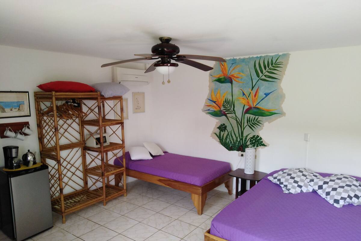 Quarto com duas camas, ventilador de teto, prateleira na parede, geladeira e um quadro.