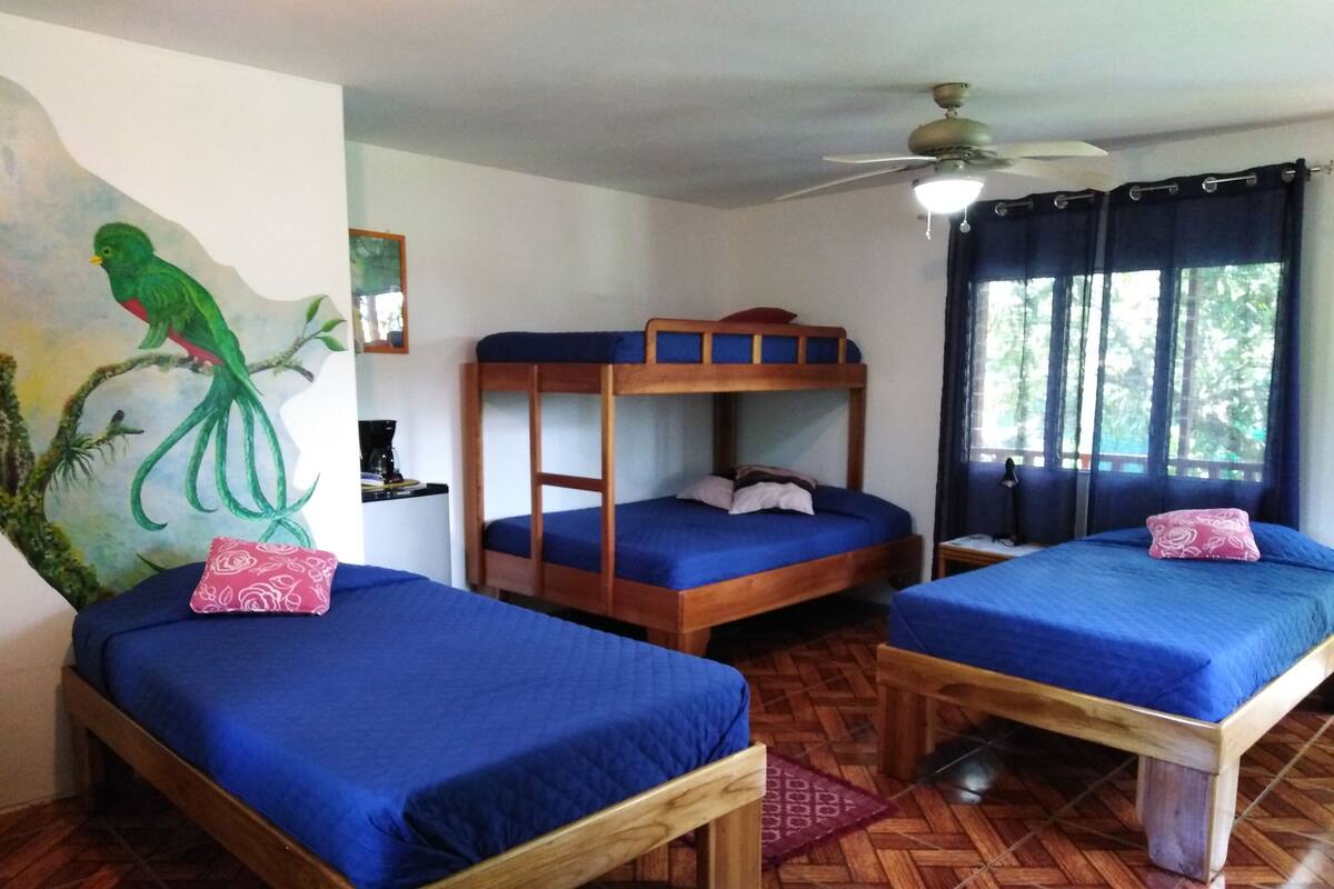 Quarto com duas beliches, ventilador de teto e janela com cortinas.