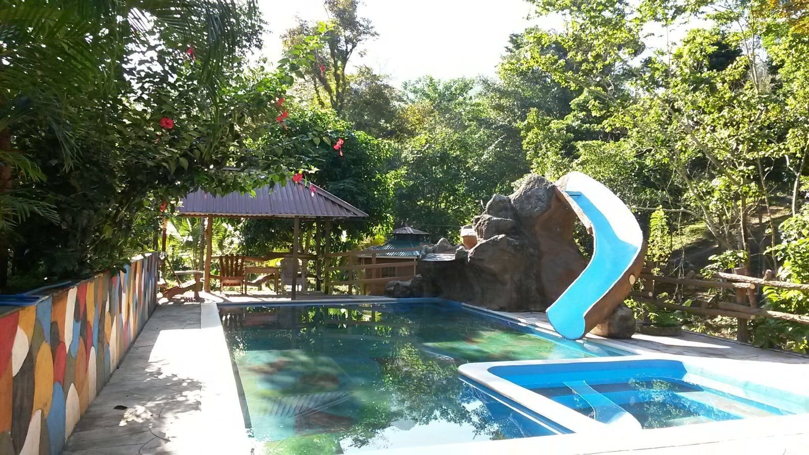 Piscina com escorrega, rodeada por vegetação exuberante e uma área coberta e arborizada.
