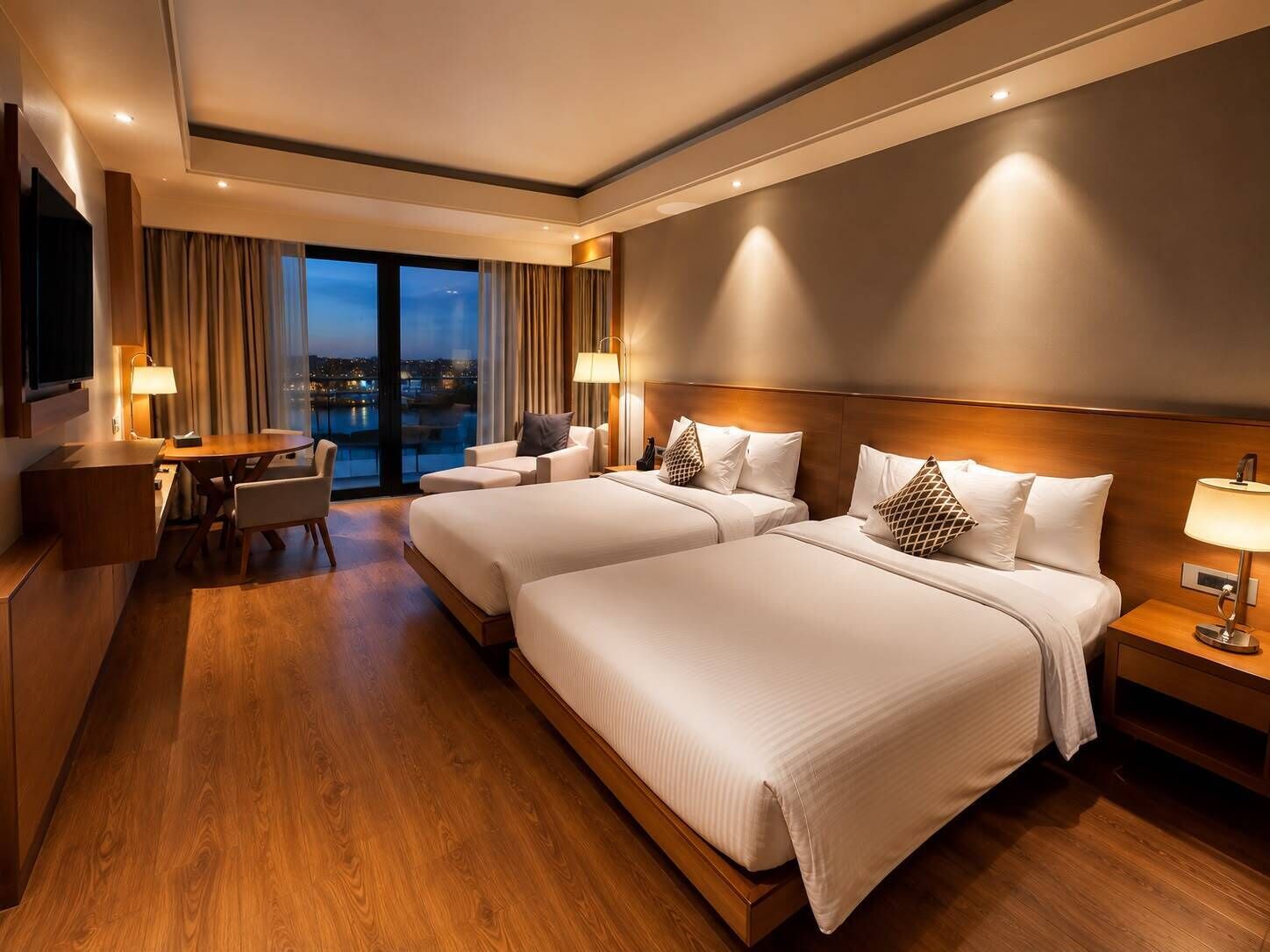 Quarto de hotel com duas camas, uma escrivaninha e vista para a cidade ao entardecer.