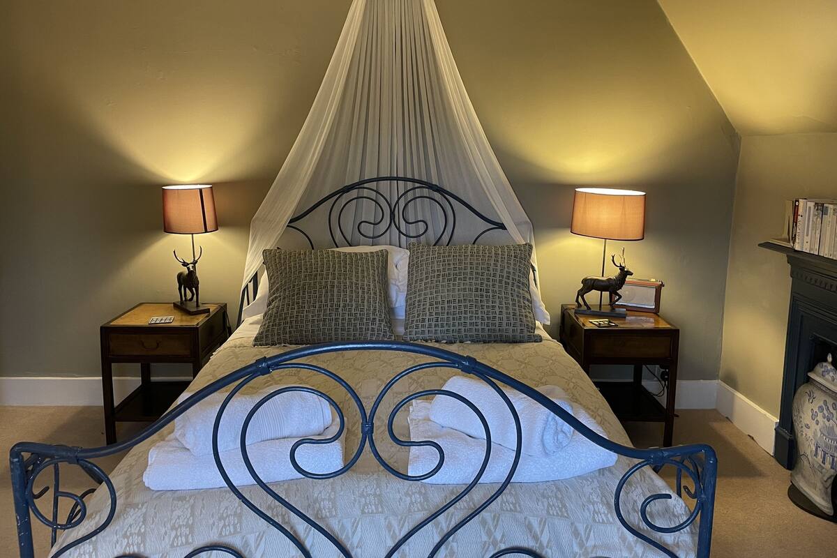 Uma cama de dossel com colunas, cabeceira, duas luminárias de apoio e figuras decorativas de animais nos mesinhas de cabeceira.