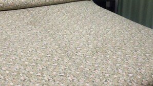 Uma cama com cabeceira estofada, um edredom floral verde, uma mesa de cabeceira com abajur e uma cortina verde.