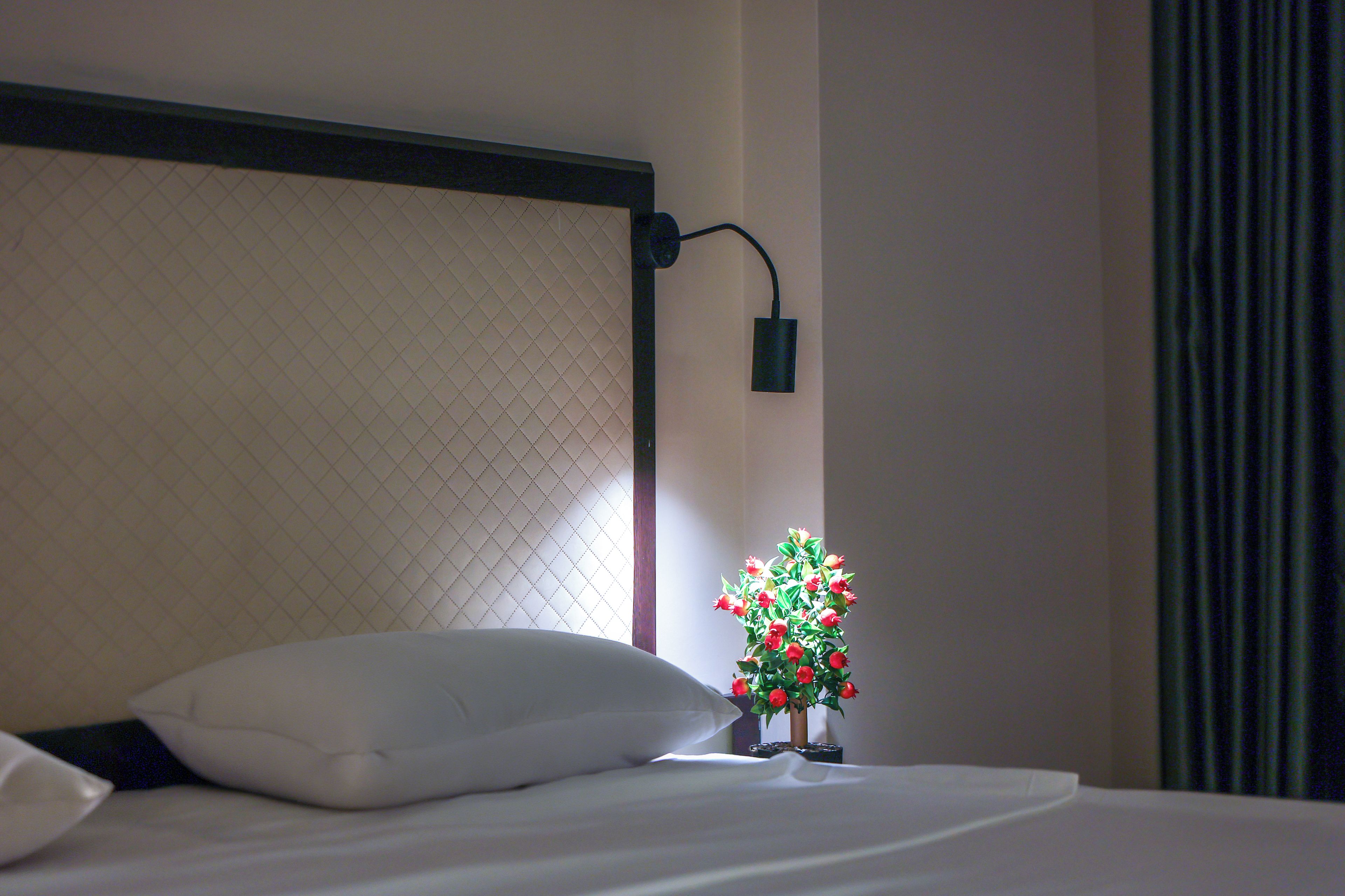 Quarto de hotel com cama, travesseiro, mesa de cabeceira, uma pequena planta em vaso e luminária na parede.