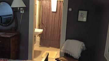 Quarto com cama, cadeira, abajur, espelho, banheiro com cortina de chuveiro e um quadro na parede.