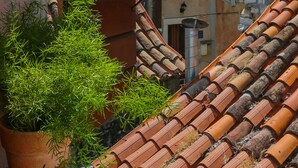 Um pátio com telhas de barro, uma planta em vaso e um edifício com um campanário ao fundo.