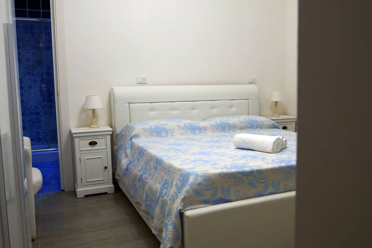 Quarto com uma cama, duas mesas de cabeceira e um banheiro com chuveiro.