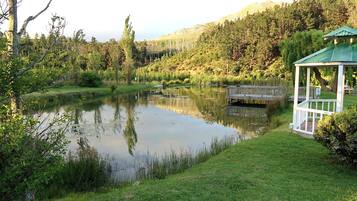 Um lago tranquilo com uma ponte de madeira, cercado por vegetação exuberante e um coreto.