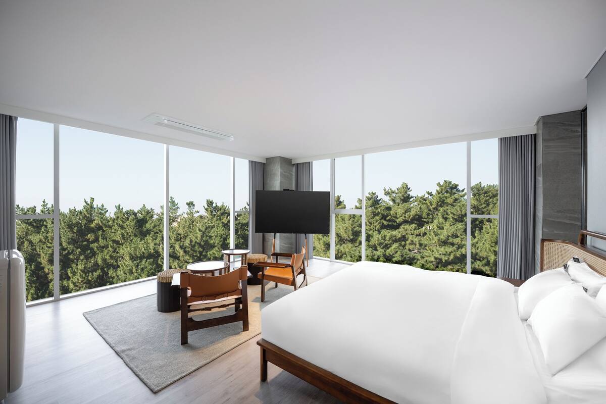 Quarto de hotel moderno com cama grande, televisão de tela plana, área de refeições com mesa e cadeiras, e vista para a floresta através de amplas janelas.