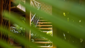 Escadaria com guarda-corpos de madeira e paredes de tijolo, rodeada por plantas verdes exuberantes.