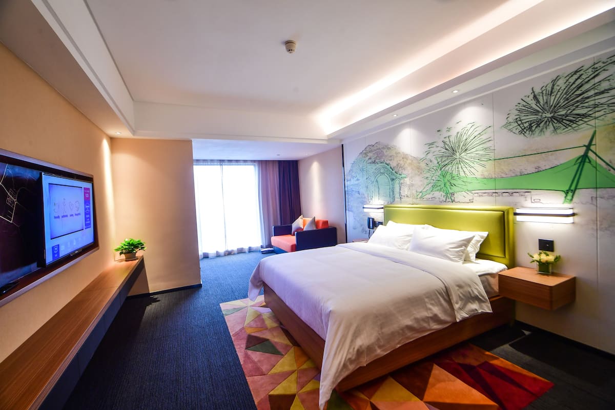 Quarto de hotel com cama grande, televisão na parede, uma planta pequena e um tapete colorido.