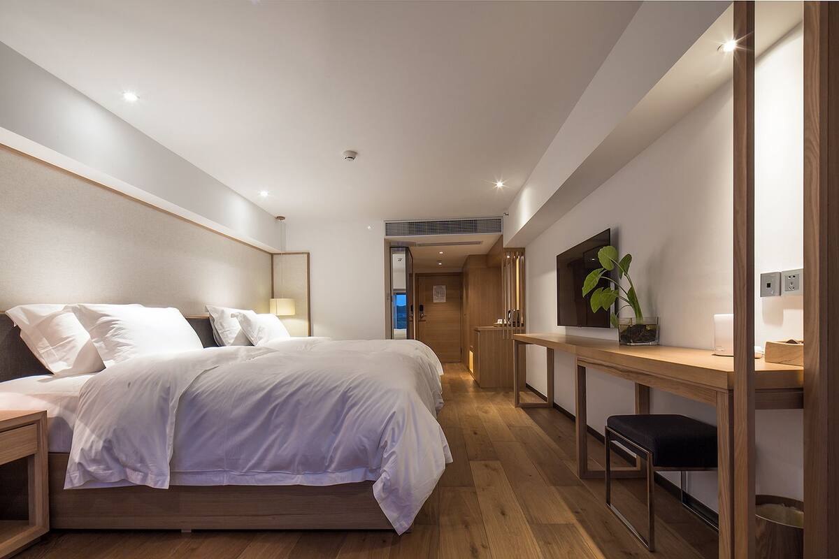 Quarto de hotel moderno com uma cama grande, uma mesa, uma televisão e uma planta.