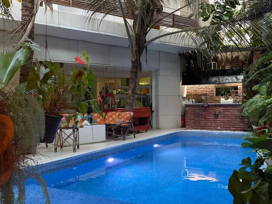 Piscina interna com piso de azulejos, cercada por plantas diversas e uma parede de tijolos.