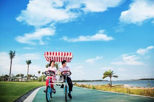 Um casal andando de bicicleta com toldo em um caminho pavimentado, próximo a um corpo d'água, palmeiras e céu claro.