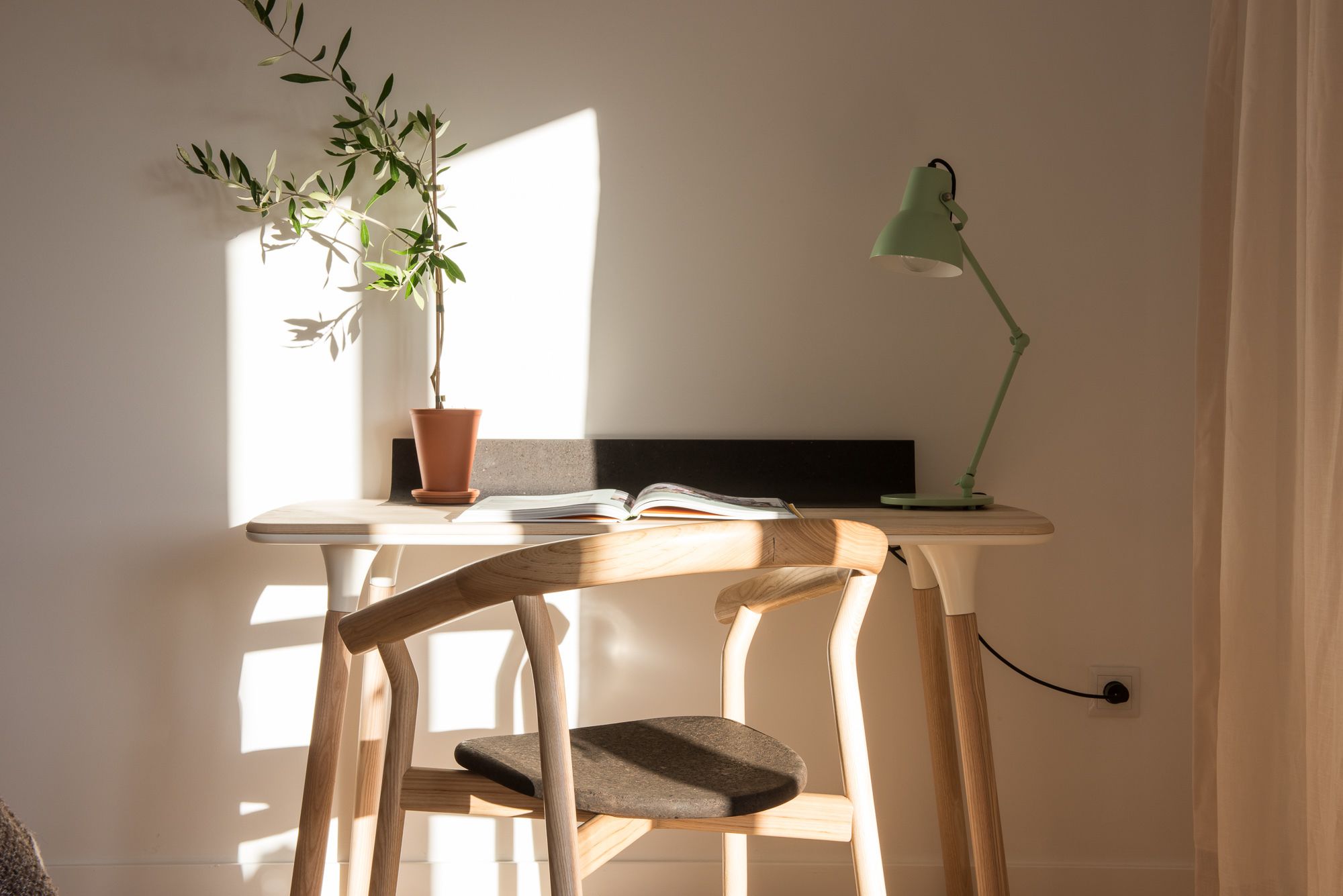 Um espaço de trabalho com escrivaninha, cadeira, planta em vaso e abajur.