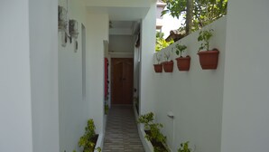 Um corredor estreito, com piso de azulejos, paredes brancas, uma porta de madeira no final e plantas em vasos ao longo das laterais.