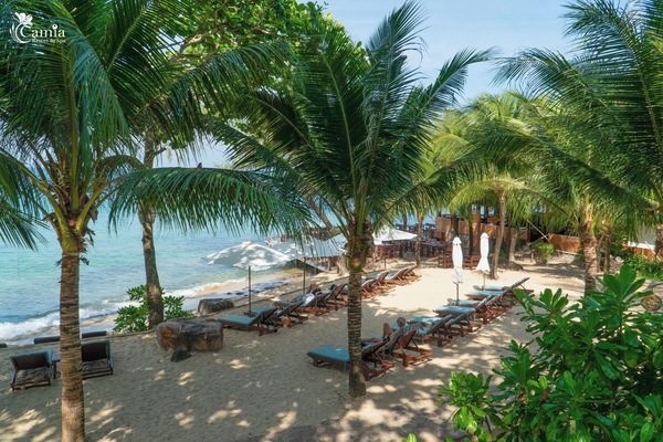 Uma praia privada, guarda-sóis de praia, toalhas de praia