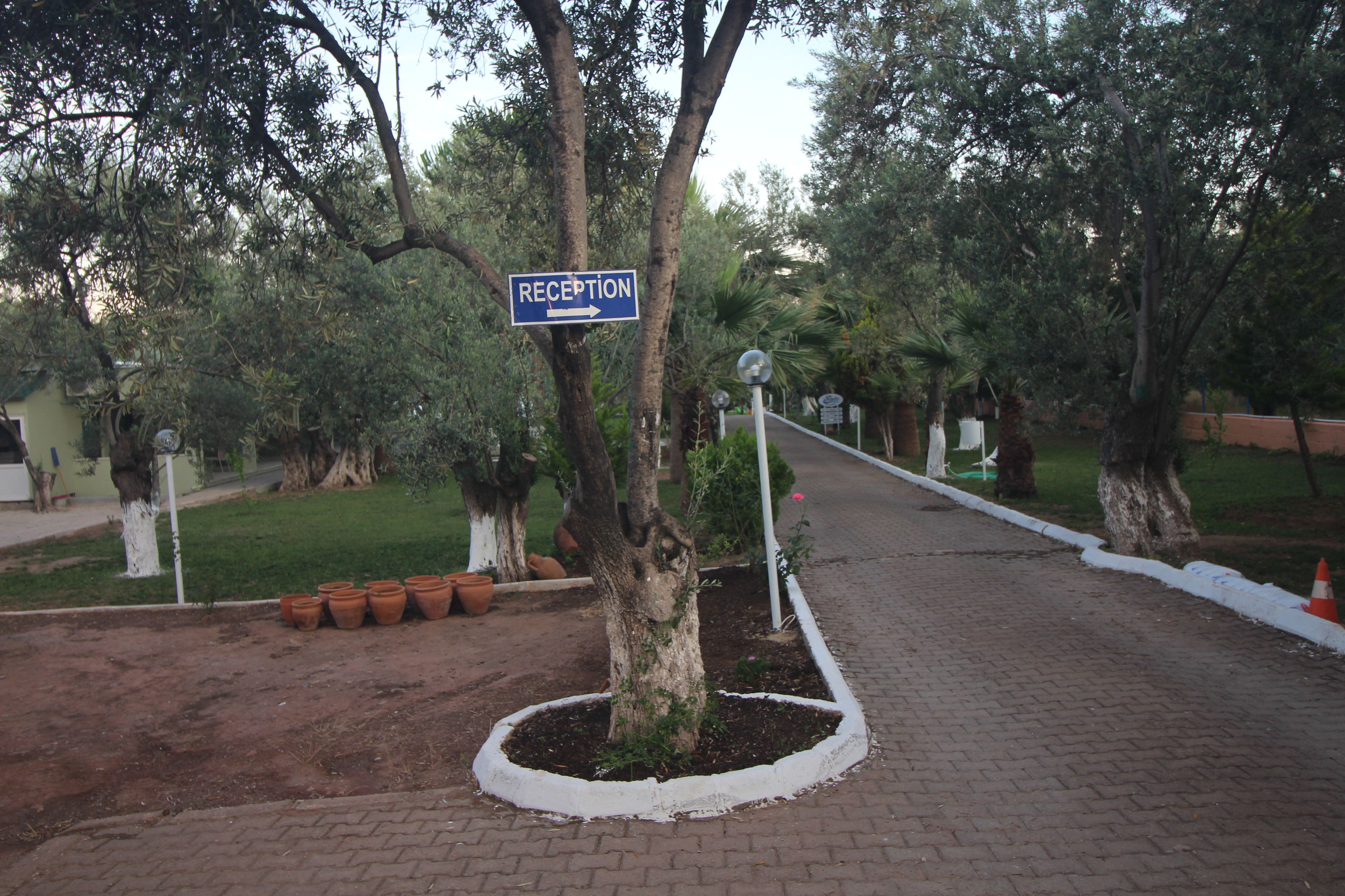 Placa de recepção em área ajardinada, com árvores e caminho pavimentado.