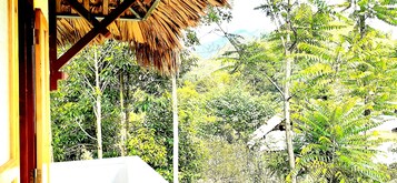 Vista de um espaço coberto com telhado de palha, sobre um denso e verdejante panorama florestal.