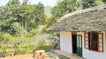 Uma casa com telhado de palha, porta verde e janelas, rodeada por vegetação exuberante e árvores.