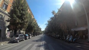 Rua com veículos estacionados e árvores, com edifícios de ambos os lados.