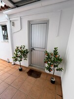 Uma porta branca com uma pequena janela acima, dois vasos com plantas e frutos alaranjados, e piso de azulejos.