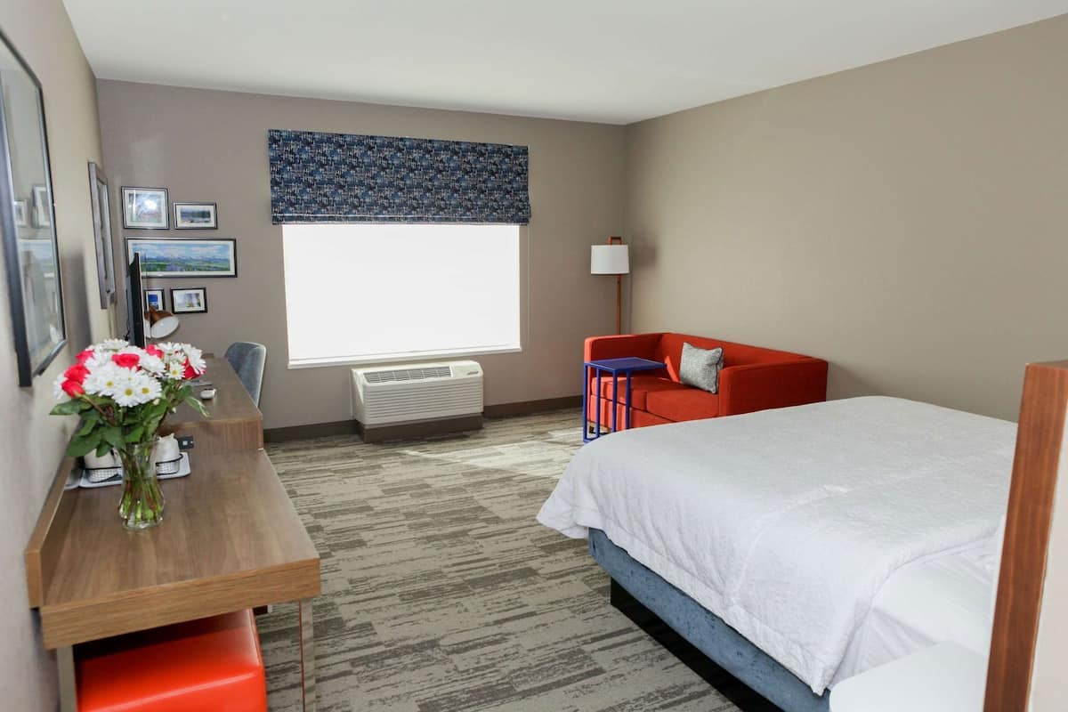 Quarto de hotel com cama, escrivaninha com um vaso de flores, sofá vermelho, janela com vista e ar condicionado fixado na parede.