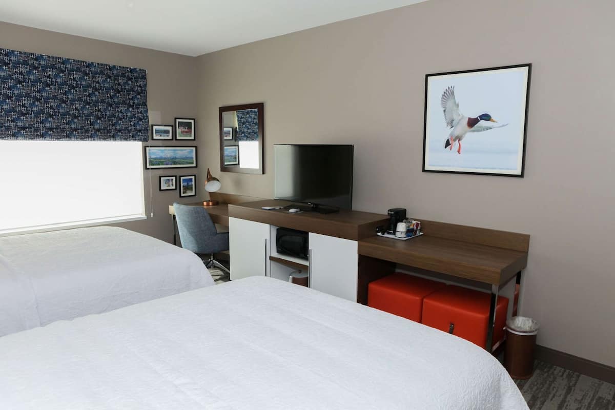 Quarto de hotel com duas camas, uma mesa de trabalho com televisão, uma cadeira e um quadro com uma imagem de um pássaro.