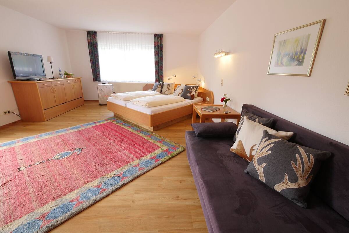 Quarto com cama, sofá, mesinha, televisão, armário e janela com cortinas.