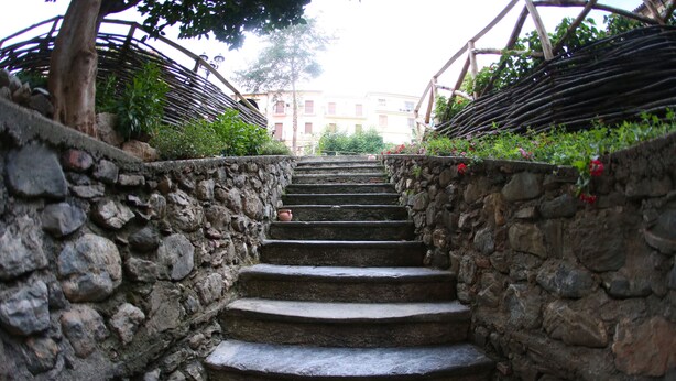 Uma escadaria de pedra leva a um edifício, cercada por vegetação e um cercado de madeira.