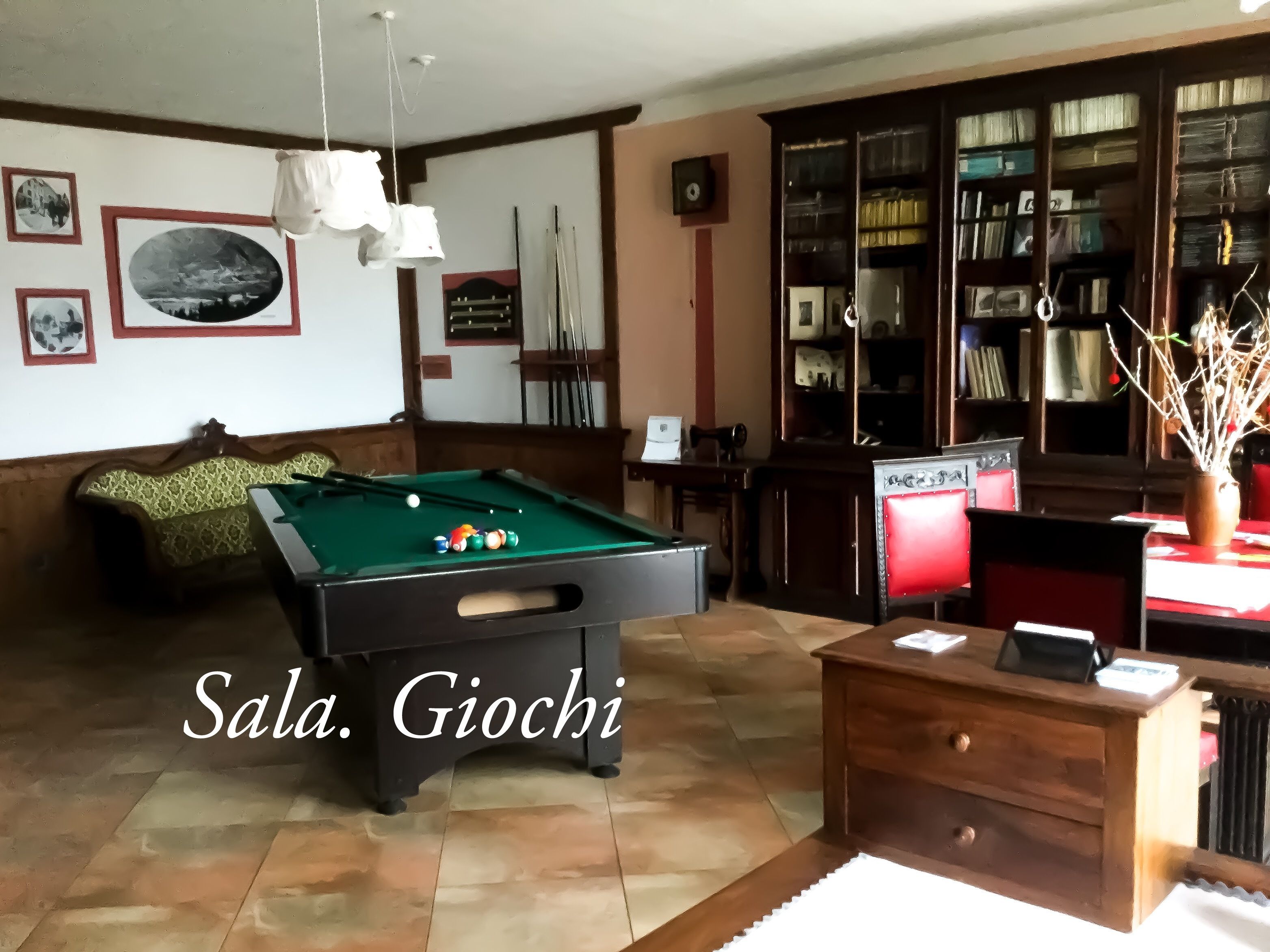 Uma sala de bilhar com mesa de sinuca, um sofá, uma estante de livros e um radiador.