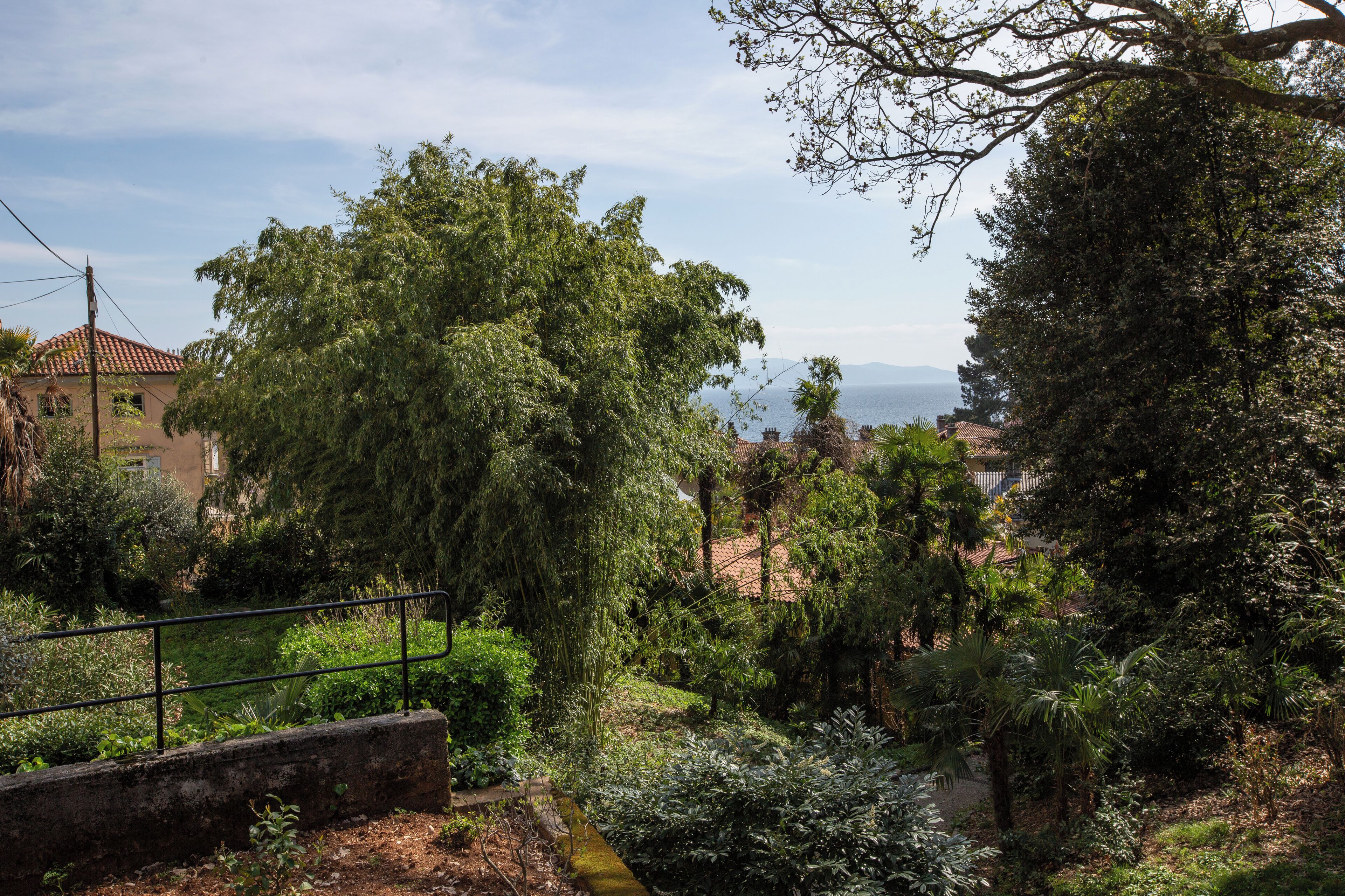 Um jardim exuberante com diversas árvores e arbustos, um muro de pedra e vista para edifícios distantes e o mar.