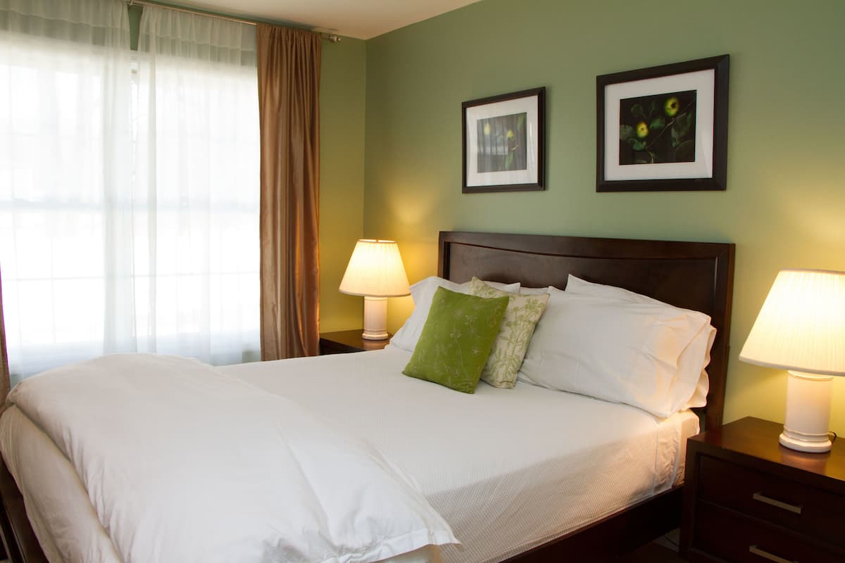 Cama bem arrumada com roupa de cama branca e almofadas verdes, uma luminária de cabeceira e duas fotos emolduradas na parede.