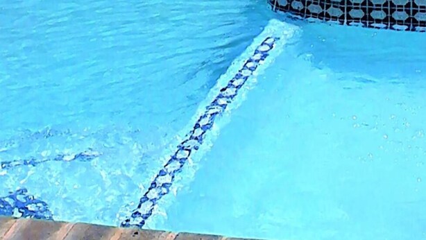 Uma piscina com borda azulejada e uma linha indicando a área rasa.