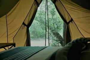 Uma tenda com uma cama no interior, rodeada por vegetação.