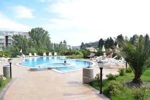 Piscina com espreguiçadeiras e uma palmeira.