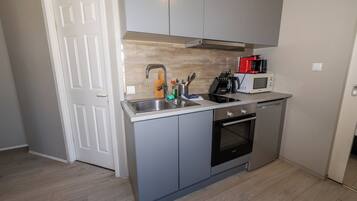 Apartamento Comfort, 1 quarto | Kitchenette privada | Um frigorífico, uma placa de cozinha, uma chaleira elétrica