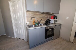 Apartamento Comfort, 1 quarto | Kitchenette privada | Um frigorífico, uma placa de cozinha, uma chaleira elétrica 