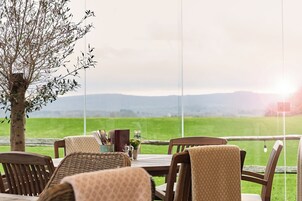 Uma sala de jantar com uma mesa e cadeiras, uma mesinha com uma planta e vista para um campo verde e montanhas.