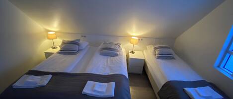 Quarto triplo básico, banheiro compartilhado (206) | Escrivaninha, cortinas blackout, ferros/tábuas de passar roupa