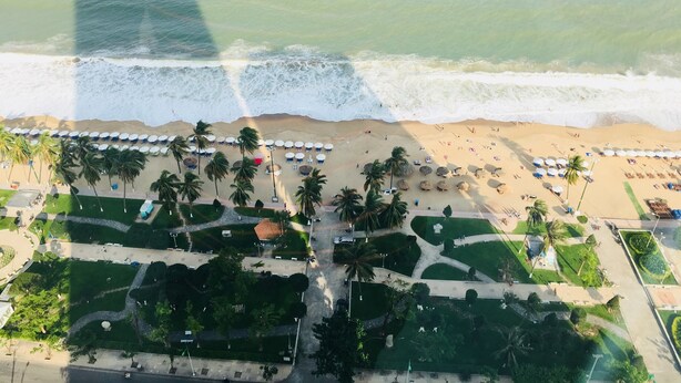 Vista aérea de uma praia com palmeiras, guarda-sóis e um calçadão bem cuidado.