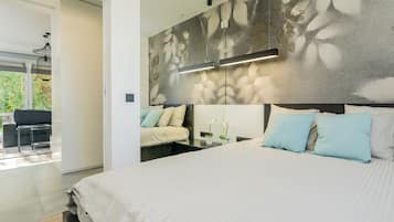 Apartamento superluxo, 3 quartos | 3 quartos, roupas de cama premium, camas com colchões pillow-top