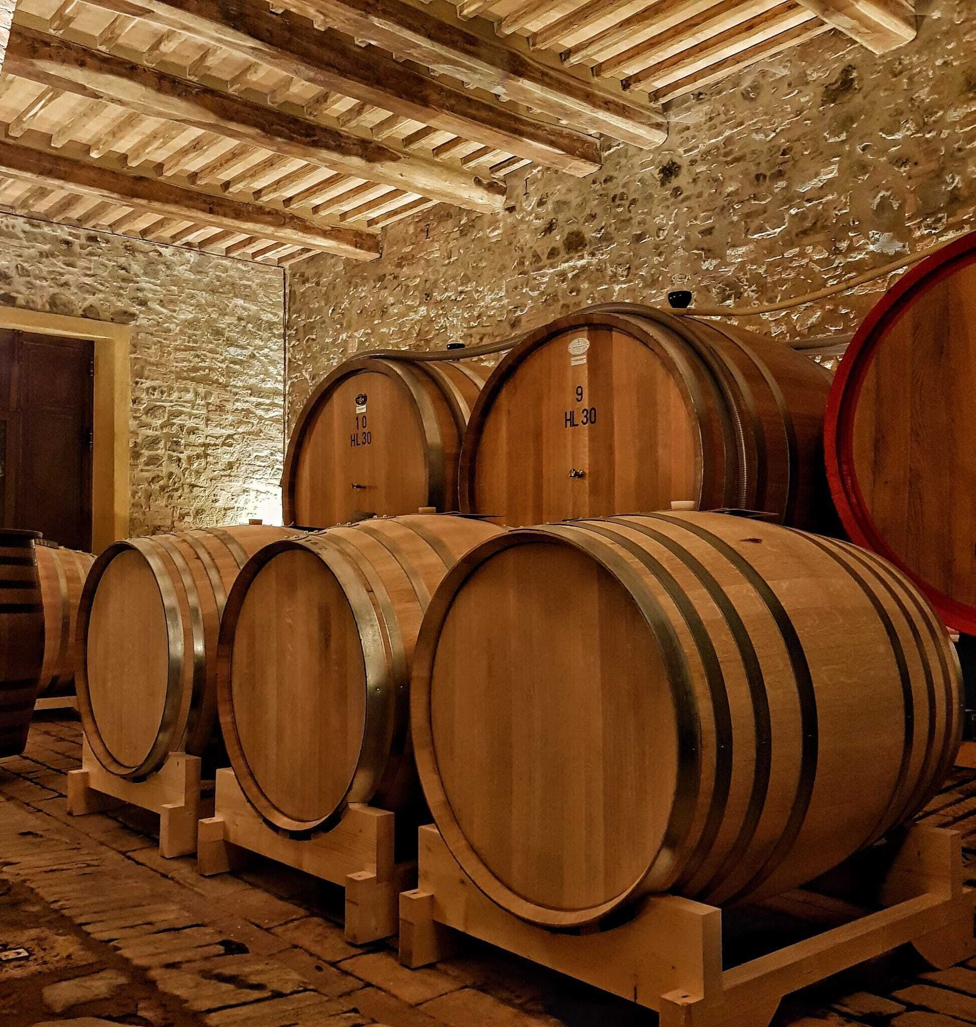 Barris de vinho de madeira empilhados em uma adega com paredes de pedra e vigas de madeira no teto.