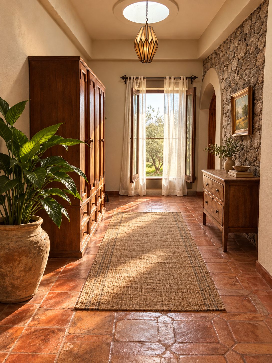 Um corredor com parede de pedra, armários de madeira, uma grande planta em vaso e um tapete que leva a uma porta com cortinas.