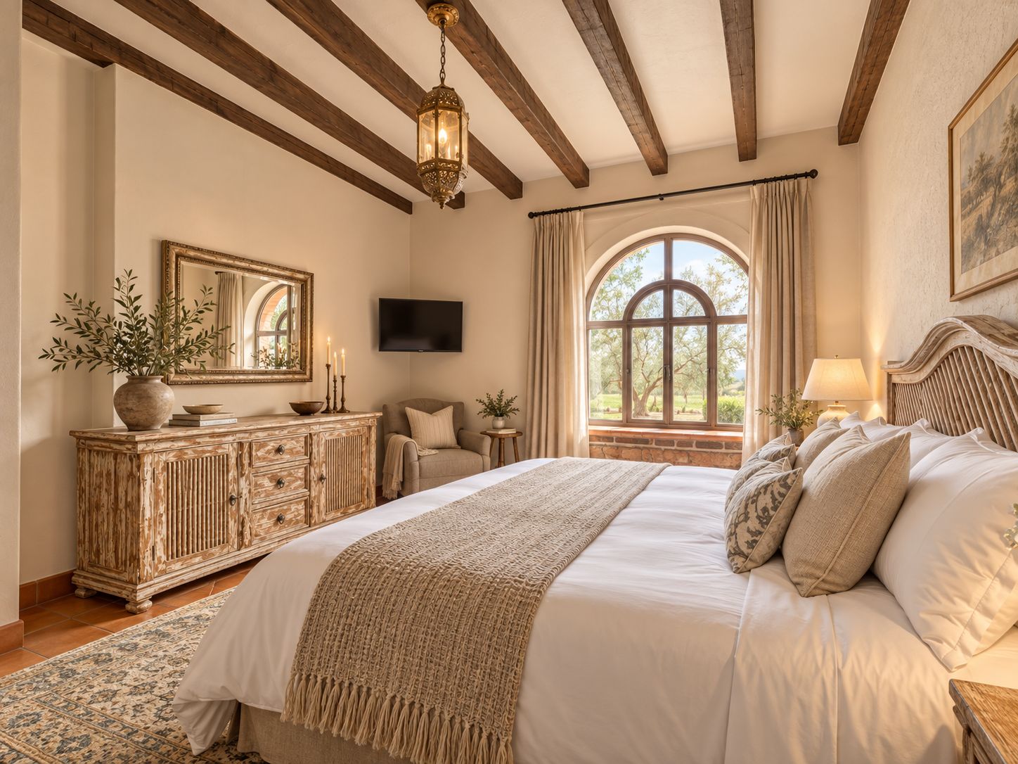 Quarto com cama grande, vigas de madeira, televisão, janela com cortinas e planta no aparador.