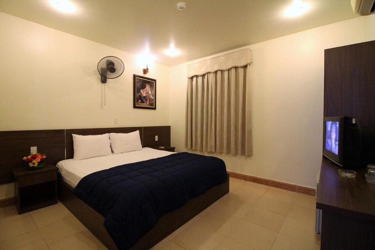 Quarto de hotel com cama, mesa de cabeceira, ventoinha na parede, quadro, cortinas e televisão.